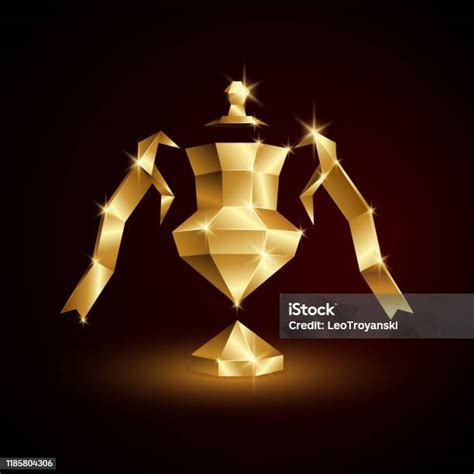 골든 로우 폴리 축구 컵 검은 배경에 추상 다각형 3d 축구 리그 트로피 트로피에 대한 스톡 벡터 아트 및 기타 이미지