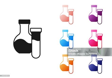 흰색 배경에 격리 된 검은 테스트 튜브 및 플라스크 화학 실험실 테스트 아이콘 실험실 유리 제품 기호 다채로운 아이콘을 설정합니다 벡터 개발에 대한 스톡 벡터 아트 및 기타