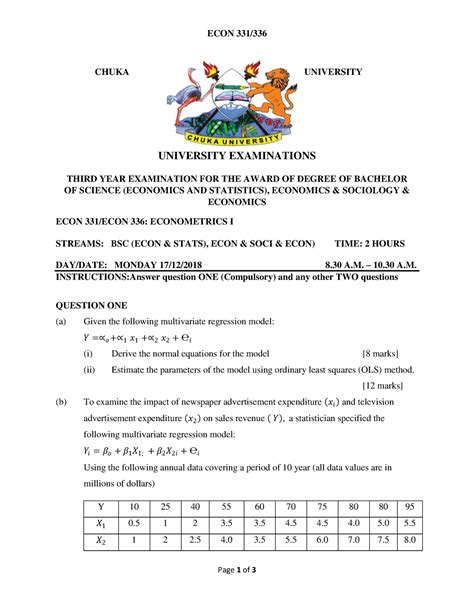 ECON 331 ECON 331 Page 1 Of 3 CHUKA UNIVERSITY UNIVERSITY EXAMINATIONS THIRD YEAR EXAMINATION