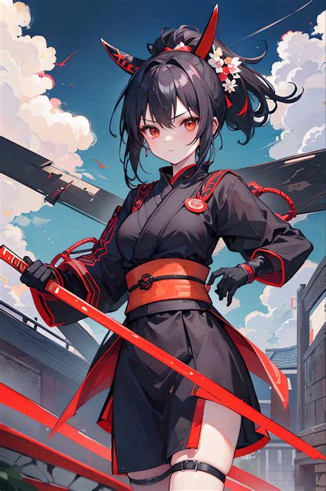 검은색과 빨간색 옷을 입고 검을 들고 있는 여성 Seaart Ai