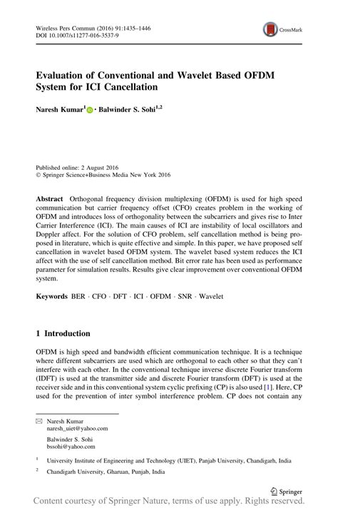 Evaluation Of Conventional And Wavelet Based Ofdm System For Ici Cancellation Request Pdf