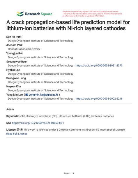 Pdf A Crack Propagation Based Life Prediction Model For Lithium Ion
