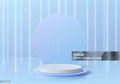 현실적인 흰색 실린더 받침대 연단 수직 네온 조명 라인 배경이 있는 추상 파란색 3d 룸 미래 지향적인 최소 벽 장면 모형 제품 디스플레이 벡터 기하학적 형태 무대 쇼케이스