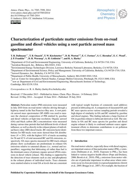 Pdf Characterization Of Particulate Matter Emissions From On Road