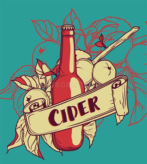 Poster For Cider Season With Beautiful Branch Of Apple Tree And Bottle