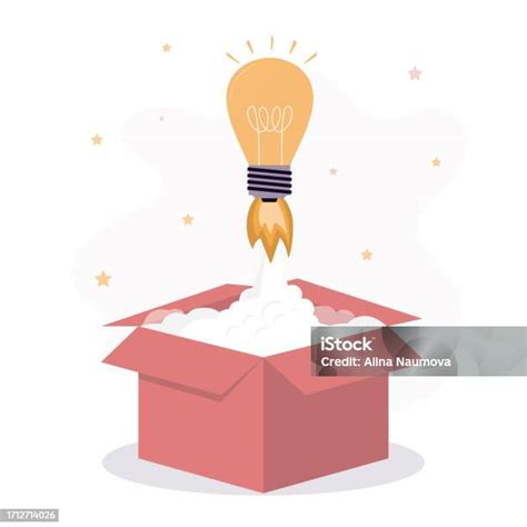 큰 전구는 열린 상자에서 벗어납니다 혁신 아이디어 스타트업 출시 크라우드 펀딩 개념 신사업 개발 벤처캐피탈 투자 브레인스토밍 개념에 대한 스톡 벡터 아트 및 기타 이미지