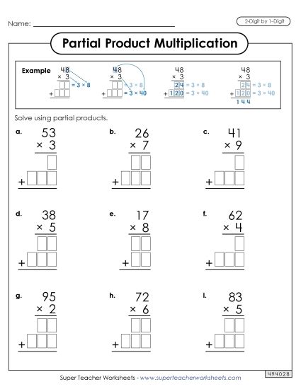 Partial Products Multiplication Worksheets