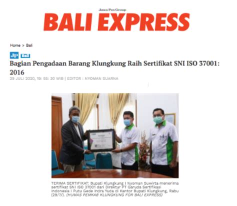 Bagian Pengadaan Barang Klungkung Raih Sertifikat Sni Iso 37001 2016