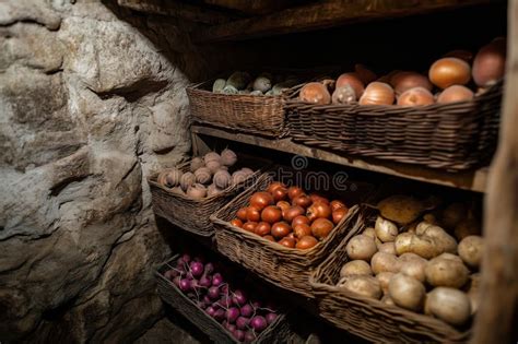 Vegetables Stored In A Rustic Root Cellar Showcasing Seasonal Harvest