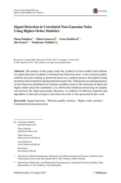 Pdf Signal Detection In Correlated Non Gaussian Noise Using Higher Order Statistics