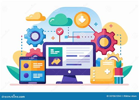 A Vibrant Flat Illustration Featuring Devices And Gears Representing Software Integration