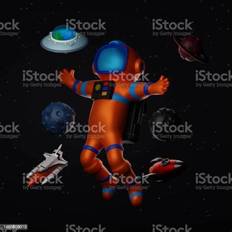 소행성 달과 Ufo 3d 렌더링으로 우주에 떠 있는 로켓과 셔틀을 가진 우주 비행사 과학에 대한 스톡 사진 및 기타 이미지