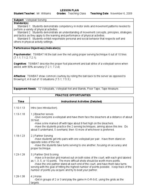 Vb Serving Lesson Plan Pdf Volleyball Lesson Plan