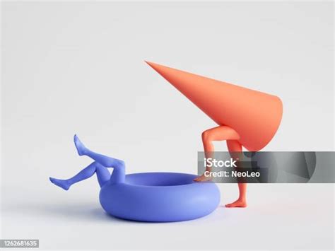 3d 렌더링 추상기하학적 만화 캐릭터 흰색 배경에 고립 된 초현실적 인 클립 아트 붉은 공격적인 콘이 지배하고 무기력한 파란색 토러스 사회 문제 폭력 은유 학대 개념 디지털
