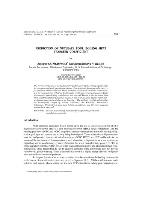 Pdf Prediction Of Nucleate Pool Boiling Heat Transfer Coefficient