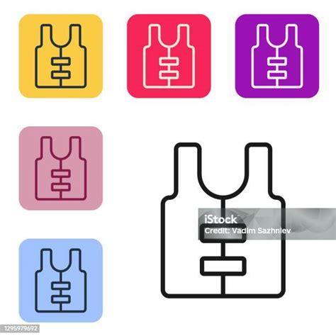 흰색 배경에 격리 된 블랙 라인 구명 재킷 아이콘 구명 조끼 아이콘 익스트림 스포츠 스포츠 장비 색상 정사각형 단추로 아이콘을 설정합니다 벡터 개수대에 대한 스톡 벡터 아트