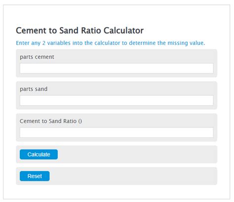 Cement To Sand Ratio Calculator Calculator Academy