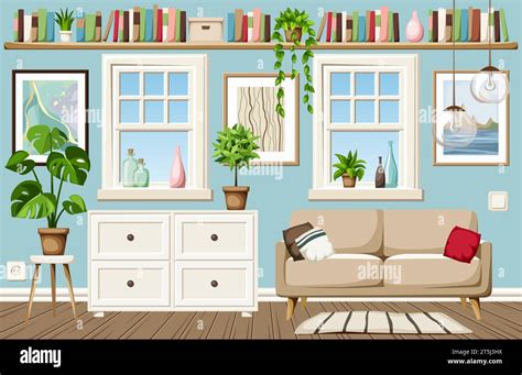 Living Room Interior Design With Blue Walls A Sofa A Bookshelf A Dresser Two Windows And