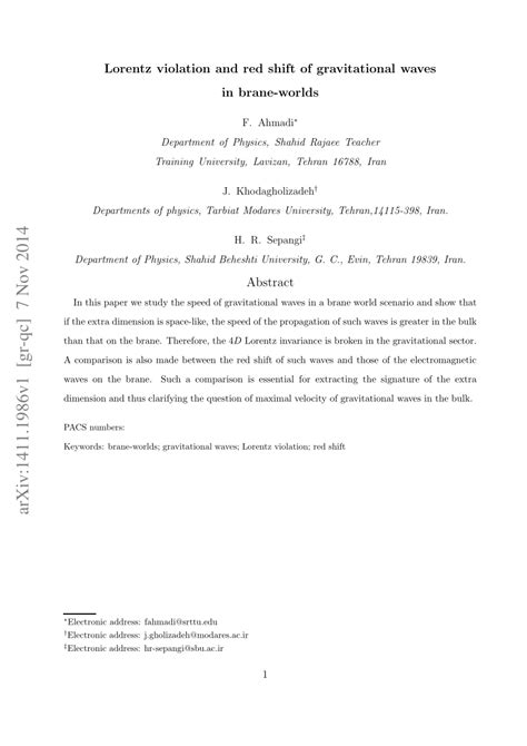 Pdf Lorentz Violation And Red Shift Of Gravitational Waves In Brane Worlds