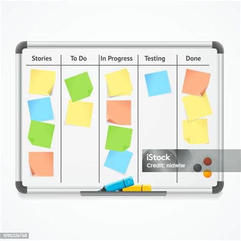 현실적인 3d 자세한 Kanban 보드 컬러 스티커 메모와 표식 벡터 아이콘에 대한 스톡 벡터 아트 및 기타 이미지 아이콘 하얀 칠판 3차원 형태 Istock