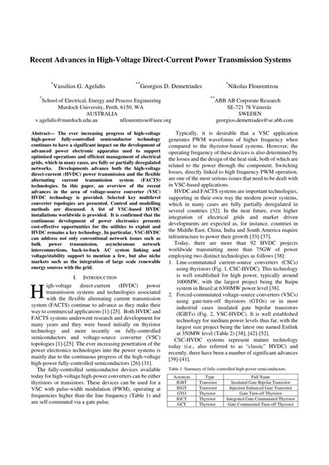 Pdf Recent Advances In High Voltage Direct Current Power Transmission Systems