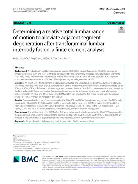 Pdf Determining A Relative Total Lumbar Range Of Motion To Alleviate Adjacent Segment