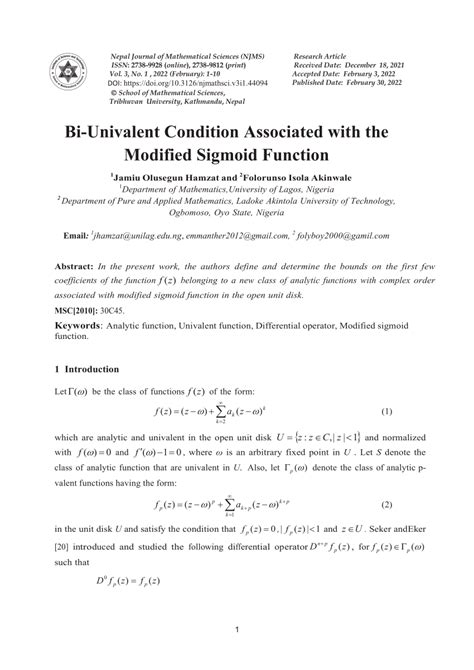 Pdf Bi Univalent Condition Associated With The Modified Sigmoid Function