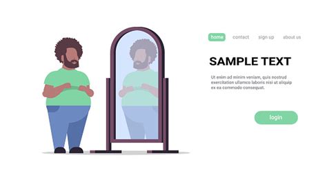 슬픈 중량이 초과 된 남자는 거울 아프리카계 미국인 남자 위에 크기 비만 개념 편평한 전체 길이 수평 한 사본 공간 백색 배경에서 자신을 보고 반사 합니다 남자에 대한 스톡