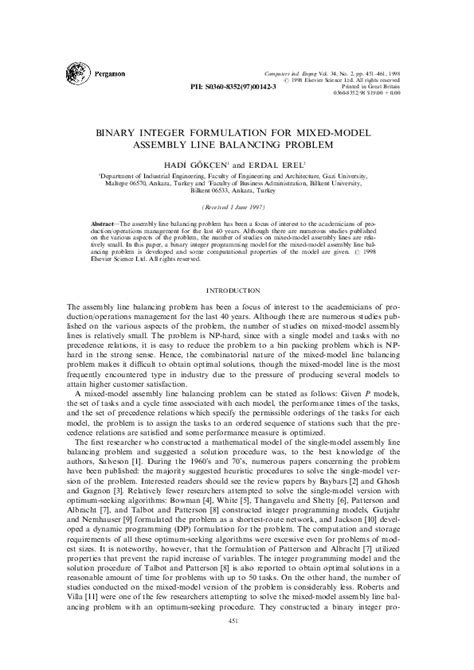 Pdf Binary Integer Formulation For Mixed Model Assembly Line Balancing Problem
