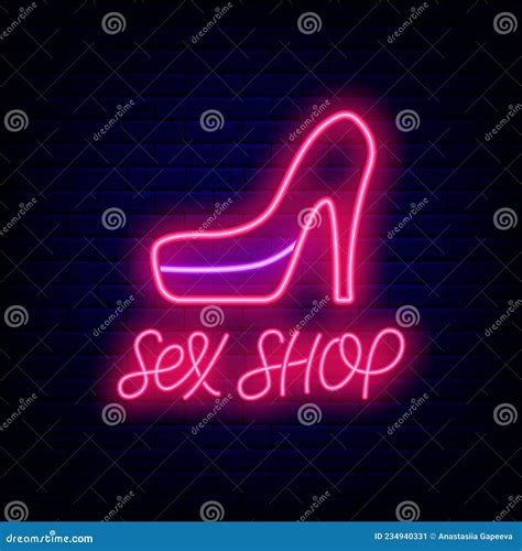 Sex Shop Neon Emblem On Brick Wall High Heeled Shoe Sexual Accessories Editable Stroke