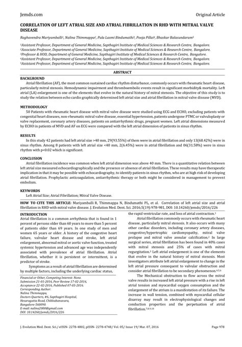 Pdf Correlation Of Left Atrial Size And Atrial Fibrillation In Rhd With Mitral Valve Disease