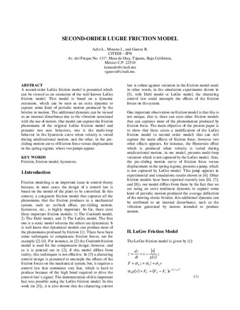 Pdf Second Order Lugre Friction Model