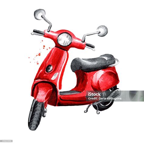 빨간 주차 오토바이 스쿠터 오토바이 흰색 배경에 고립 된 손으로 그린 수채화 그림 모터 스쿠터에 대한 스톡 벡터 아트 및 기타 이미지 모터 스쿠터 이탈리아 모페드