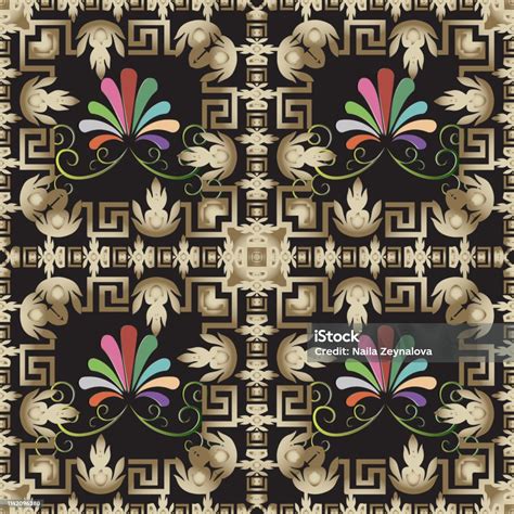 바로크 스타일 꽃 그리스어 벡터 원활한 패턴입니다 기하학적 장식 체크 무늬 배경입니다 빈티지 화려한 꽃 나뭇잎 소용돌이 그리스 열쇠는 빅토리아 골동품 스타일의 화려한 장식