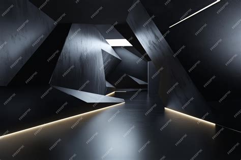 A 3d Black Interior With Sharp Angular Walls And Floating Panels The A 3d Black Interior With Sharp Angular Walls And Floating Panels The