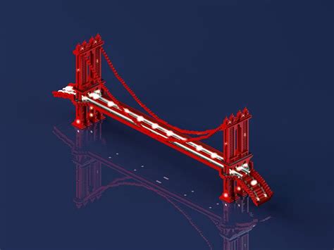 An Image Of A Red Bridge That Is In The Middle Of Blue Background With Lights On It