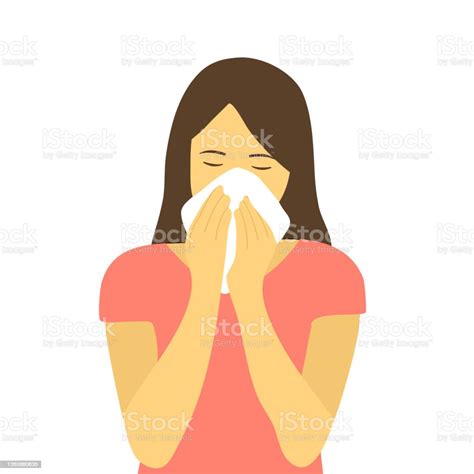흰색 배경에 재채기 여성 개념 벡터 일러스트레이션 손수건에 재채기를 하고 있는 분홍색 드레스를 입은 여성 아픈 여자는 재채기