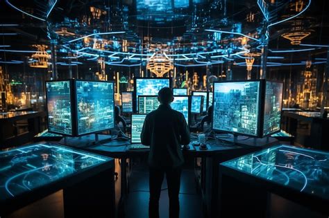 Premium Photo A Computer Scientist Works In Futuristic Ai Lab Containing Supercomputer Cluster