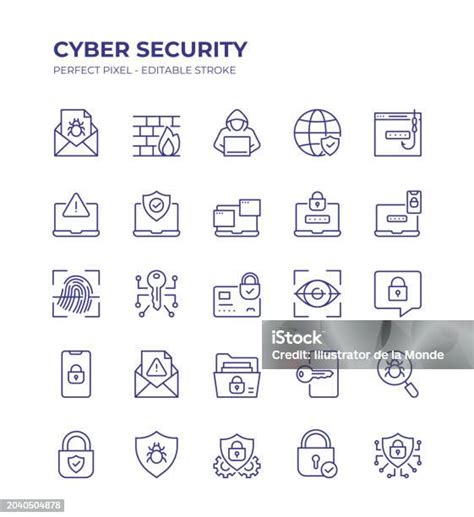 사이버 보안 편집 가능한 라인 아이콘 세트에는 해커 방화벽 피싱 네트워크 보안 개인 정보 보호 등과 같은 아이콘이 포함되어 있습니다 아이콘에 대한 스톡 벡터 아트 및 기타