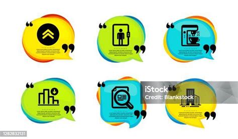 커피 메이커 위로 스 와이프 및 엘리베이터 아이콘 세트 그래프 감소 문서 및 건물 표지판을 확인합니다 벡터 엘리베이터에 대한 스톡 벡터 아트 및 기타 이미지 Istock