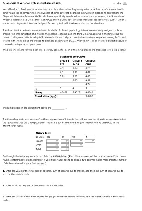 Solved 6 Analysis Of Variance With Unequal Sample Sizes Aa