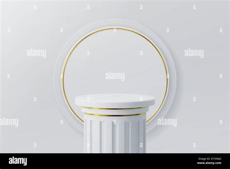 Column Podium With Round Frame Elegant 3d Vector Pillar Display With Golden Circular Border