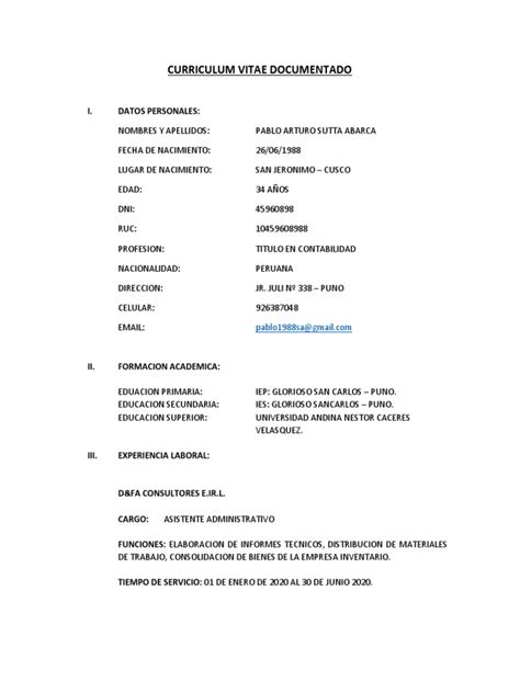 Curriculum Vitae Documentado I Datos Personales Pdf