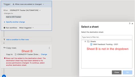 why am i no longer able to see one of my sheets to copy rows to