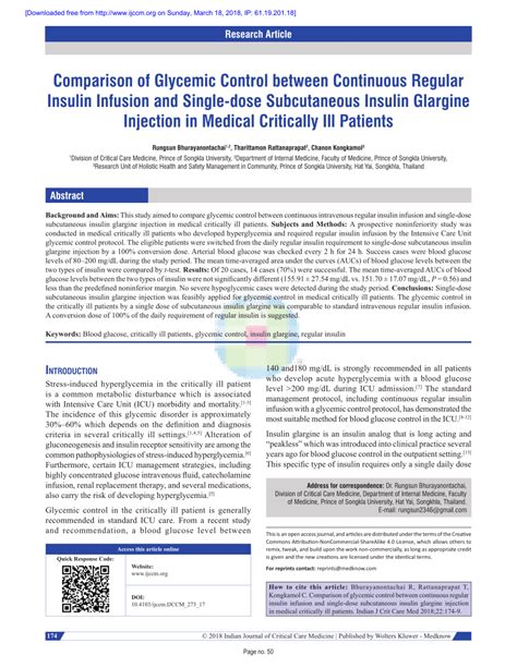 Pdf Comparison Of Glycemic Control Between Continuous Regular Insulin Infusion And Single Dose