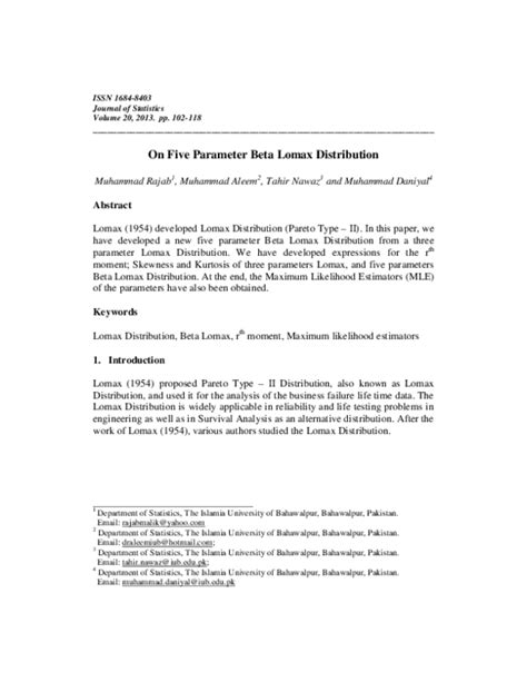 Pdf On Five Parameter Beta Lomax Distribution