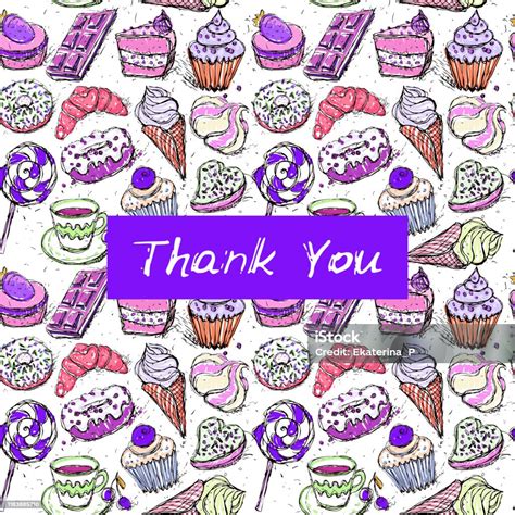 카드 참고 감사합니다 손으로 그린 과자 원활한 패턴 크루아상 컵 케이크 사탕 마시멜로 아이스크림 케이크 도넛과 커피 흰색 배경에 고립 된 라일락 핑크 베이지 민트 벡터 감사