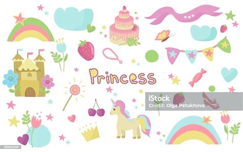 공주 요소의 섬세한 컬렉션 성 무지개 유니콘 신발 마법의 지팡이 크라운 케이크 벡터 손 도면의 스타일 0명에 대한 스톡 벡터 아트 및 기타 이미지 Istock