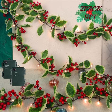 Juegoal 2 Pack Christmas Garlands 9ft Pre Lit Red Berries
