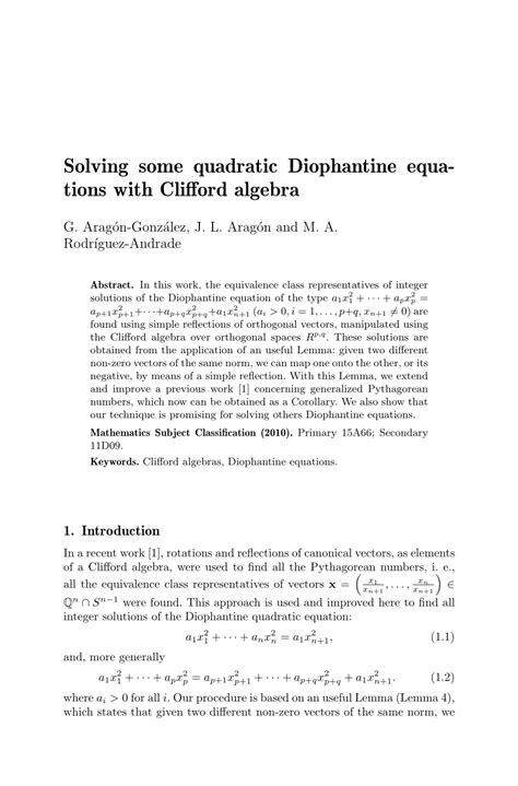 Pdf Solving Some Quadratic Diophantine Equations With Clifford Algebra